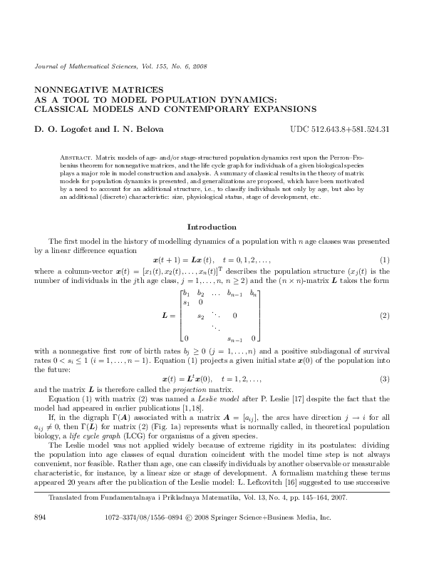 (PDF) Nonnegative matrices as a tool to model population dynamics: Classical models and ...