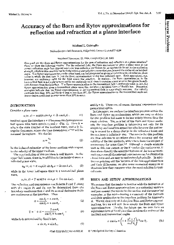(PDF) Accuracy of the Born and Rytov approximations for reflection and refraction at a plane ...