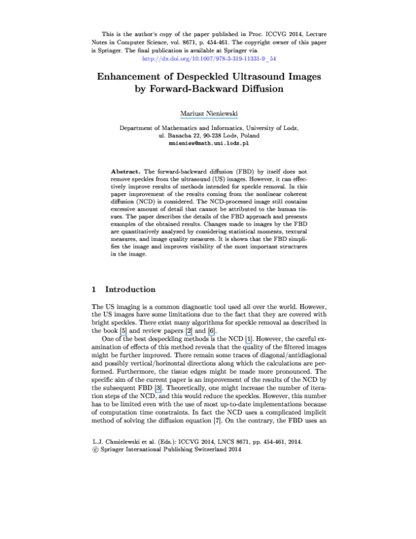 (PDF) Enhancement of Despeckled Ultrasound Images by Forward-Backward Diffusion