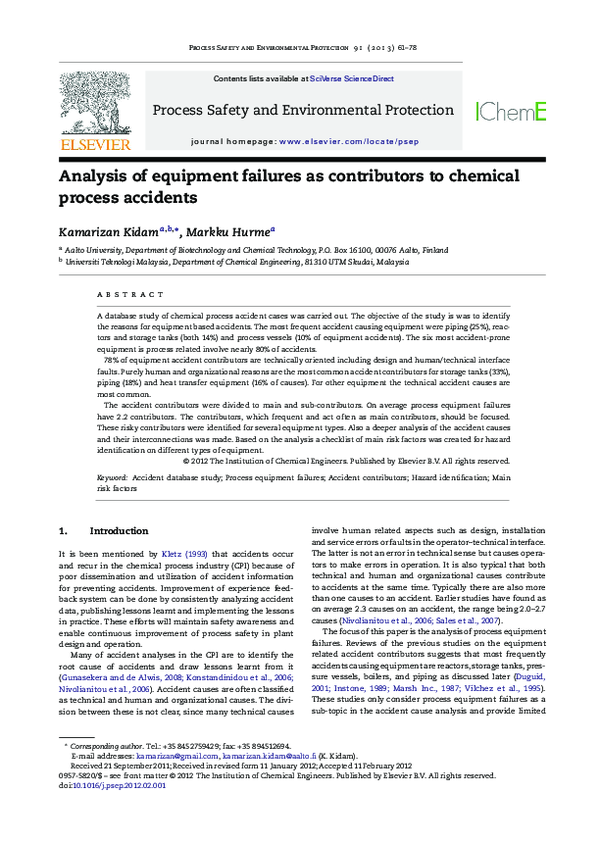 (PDF) Analysis of equipment failures as contributors to chemical ...