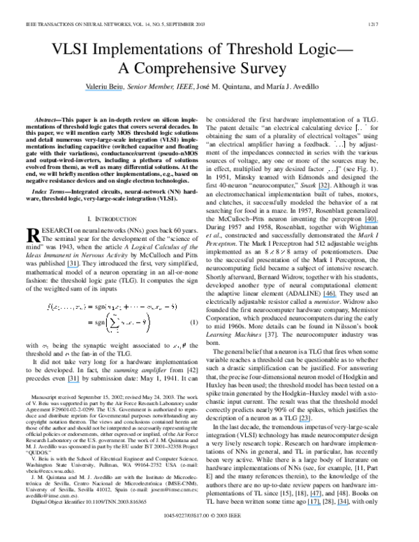 Pdf Survey Of Vlsi Threshold Logic Implementations 