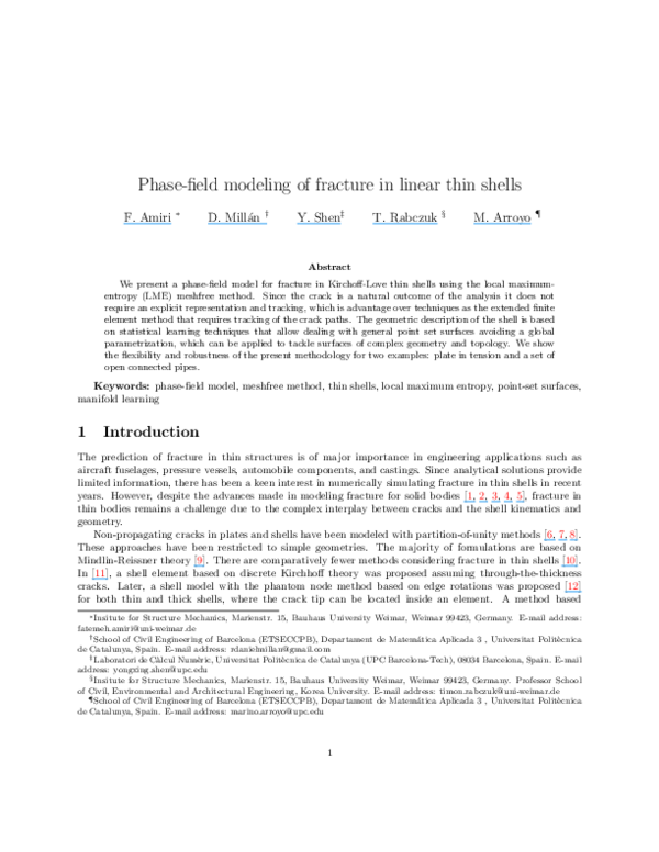 Pdf Phase Field Modeling Of Fracture In Linear Thin Shells Yongxing