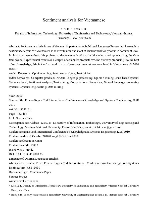 (PDF) Sentiment Analysis for Vietnamese