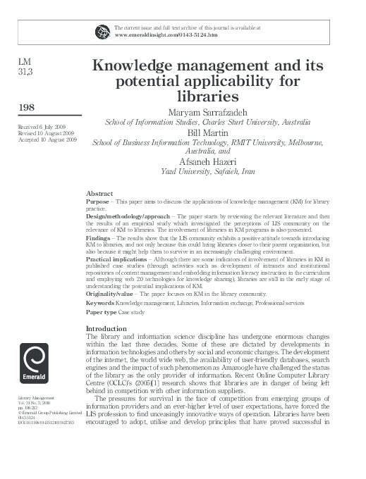 (PDF) Knowledge management and its potential applicability for libraries