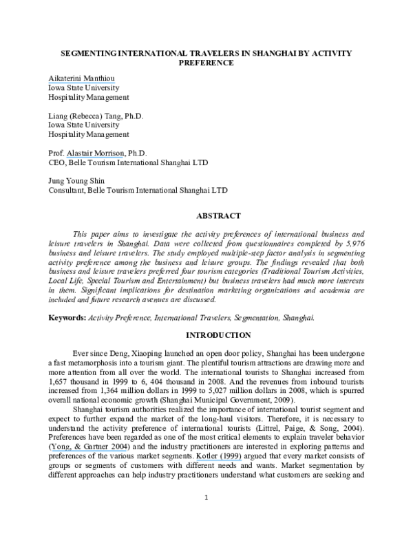 (PDF) Segmenting International Visitors in Shanghai by Activity Preference | Alastair M ...