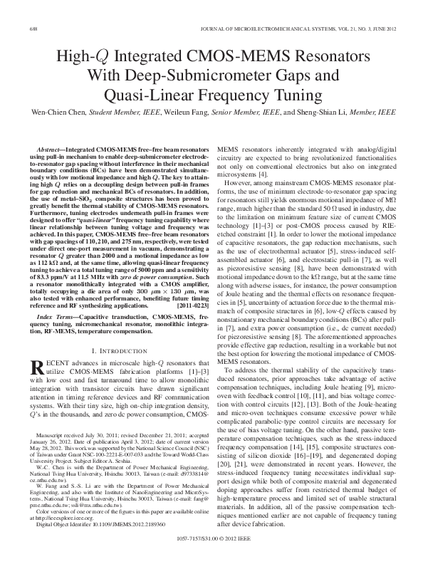 (PDF) High-Q Integrated CMOS-MEMS Resonators With Deep-Submicrometer Gaps and Quasi-Linear ...