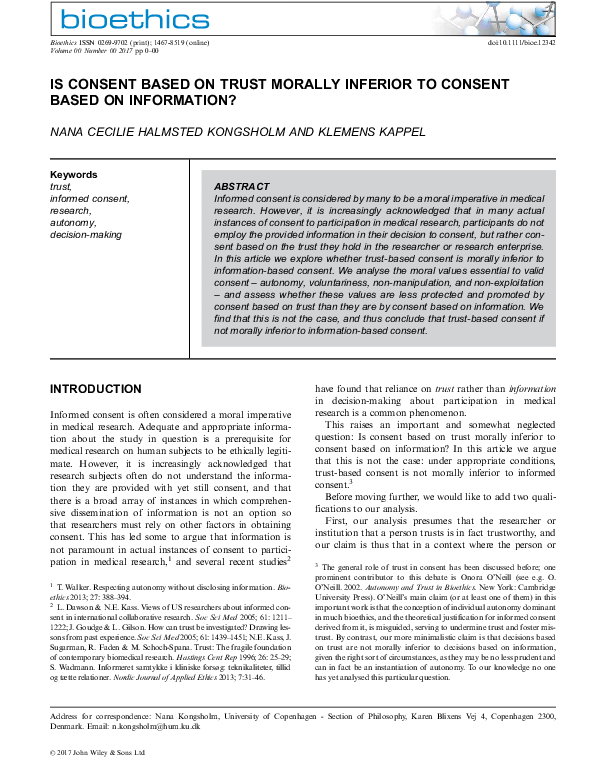 (PDF) Is consent based on trust morally inferior to consent based on ...