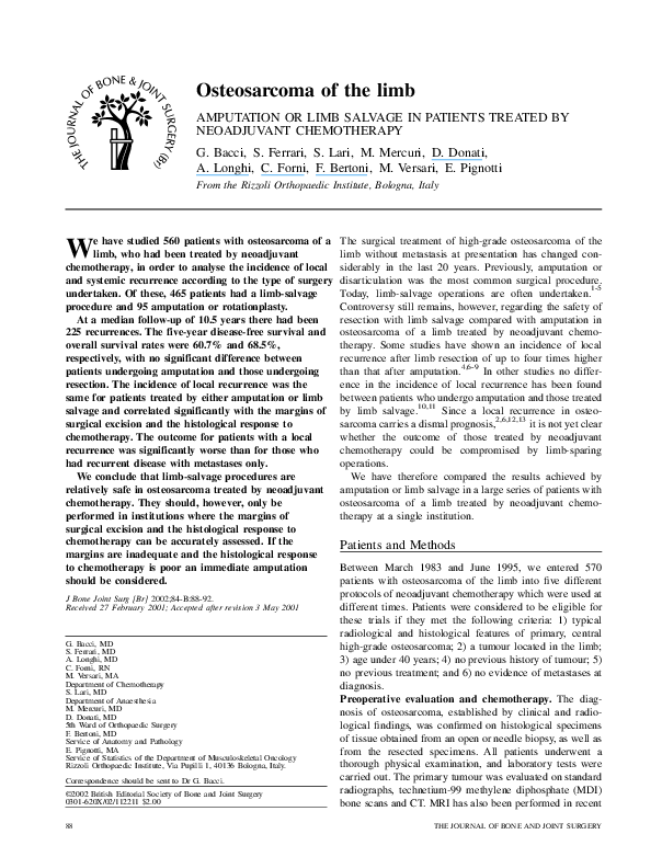 (PDF) Osteosarcoma of the limb. Amputation or limb salvage in patients ...
