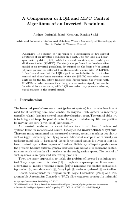 Pdf A Comparison Of Lqr And Mpc Control Algorithms Of An Inverted Pendulum
