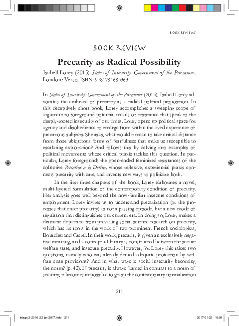 (PDF) Precarity as Radical Possibility: On Isabell Lorey's "States of ...