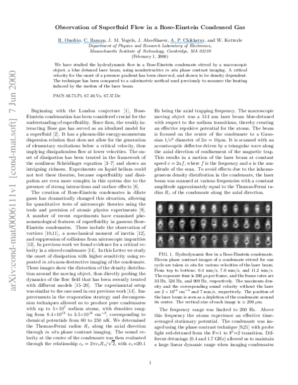Pdf Observation Of Superfluid Flow In A Bose Einstein Condensed Gas