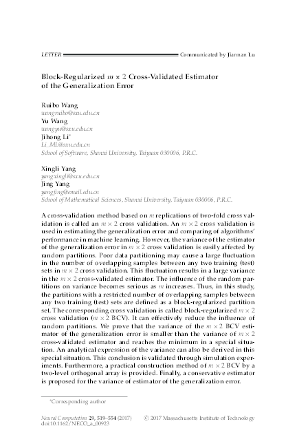 (PDF) Block-Regularized m × 2 Cross-Validated Estimator of the Generalization Error