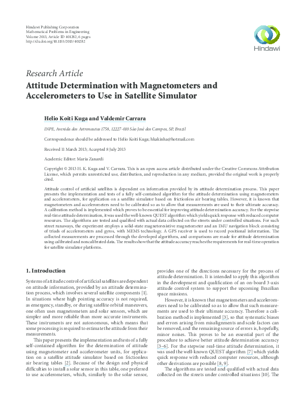 Pdf Attitude Determination With Magnetometers And Accelerometers To Use In Satellite Simulator