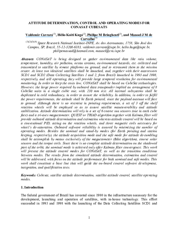Pdf Attitude Determination Control And Operating Modes For Conasat Cubesats