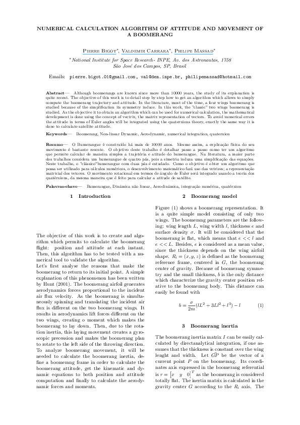 Pdf Numerical Calculation Algorithm Of Attitude And Movement Of A Boomerang