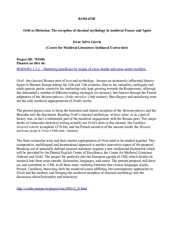 (PDF) ROMAINE. Ovid as Historian. The reception of classical mythology ...