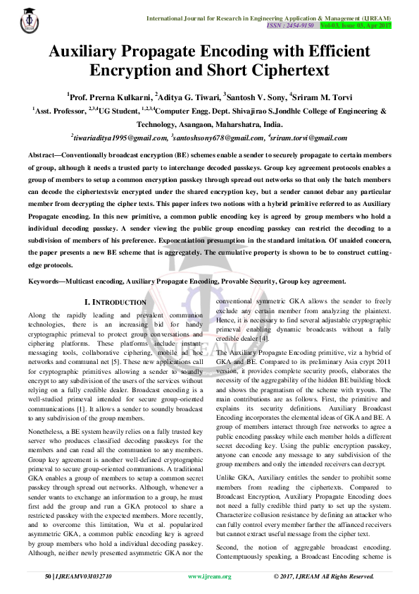 Pdf Auxiliary Propagate Encoding With Efficient Encryption And Short Ciphertext