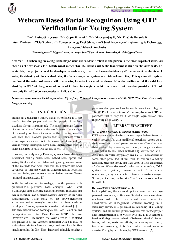 Pdf Webcam Based Facial Recognition Using Otp Verification For Voting