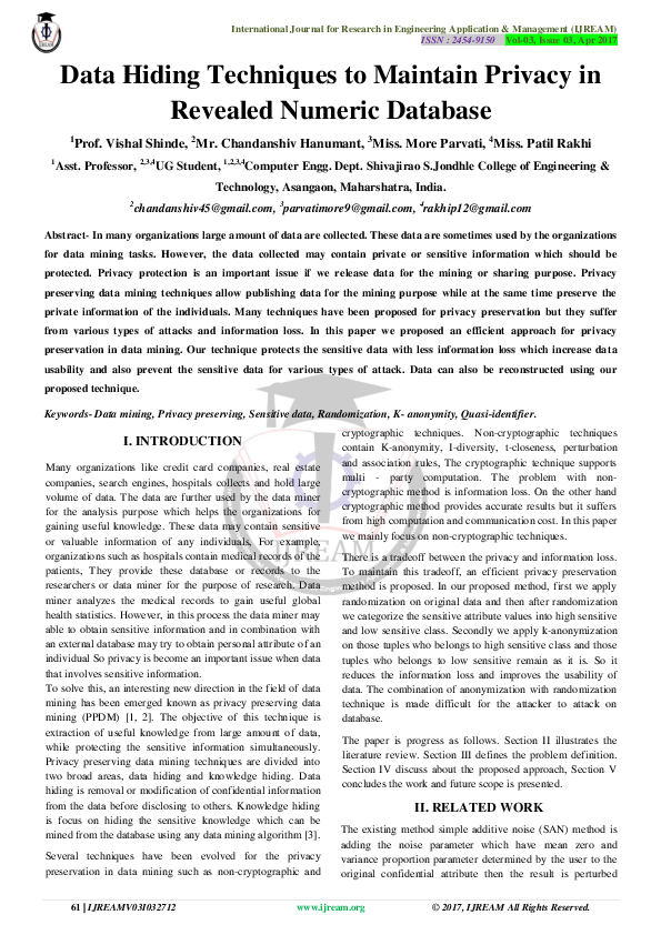 (PDF) Data Hiding Techniques to Maintain Privacy in Revealed Numeric ...