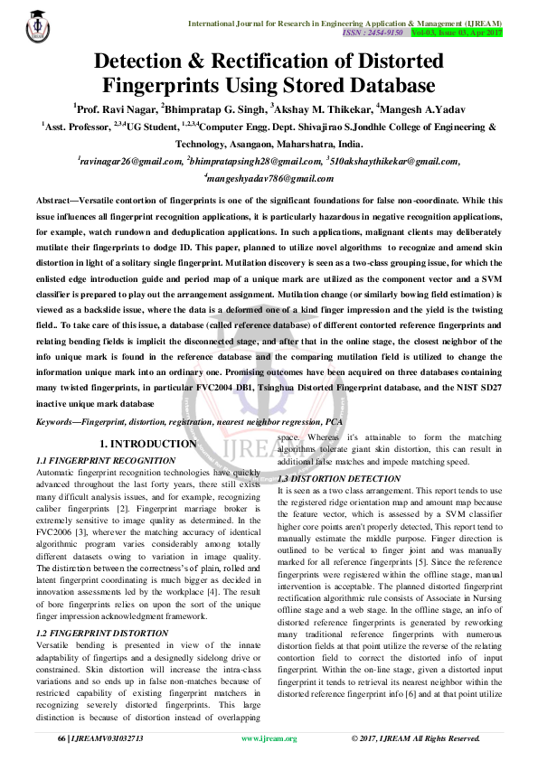Pdf Detection And Rectification Of Distorted Fingerprints Using Stored