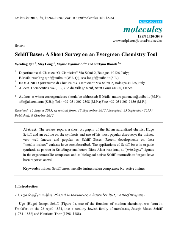 (PDF) Schiff Bases: A Short Survey on an Evergreen Chemistry Tool
