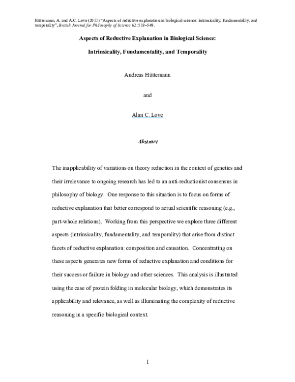 (PDF) Aspects of reductive explanation in biological science ...
