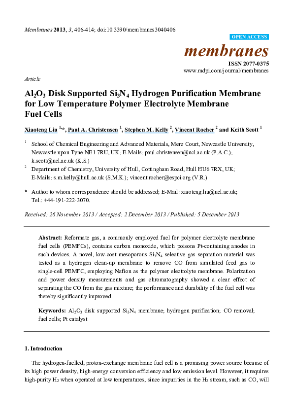 (PDF) Al2O3 Disk Supported Si3N4 Hydrogen Purification Membrane for Low ...