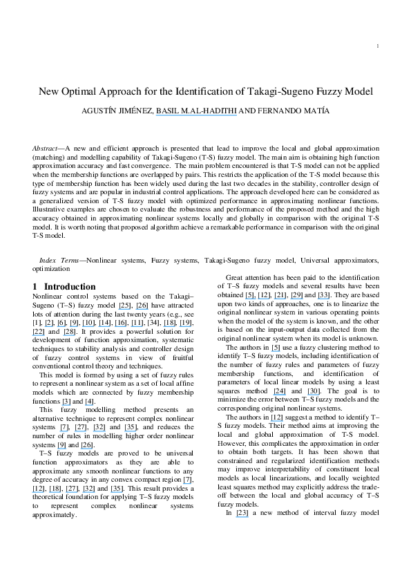 Pdf Optimal Approach For The Identification Of Takagi Sugeno Fuzzy Model