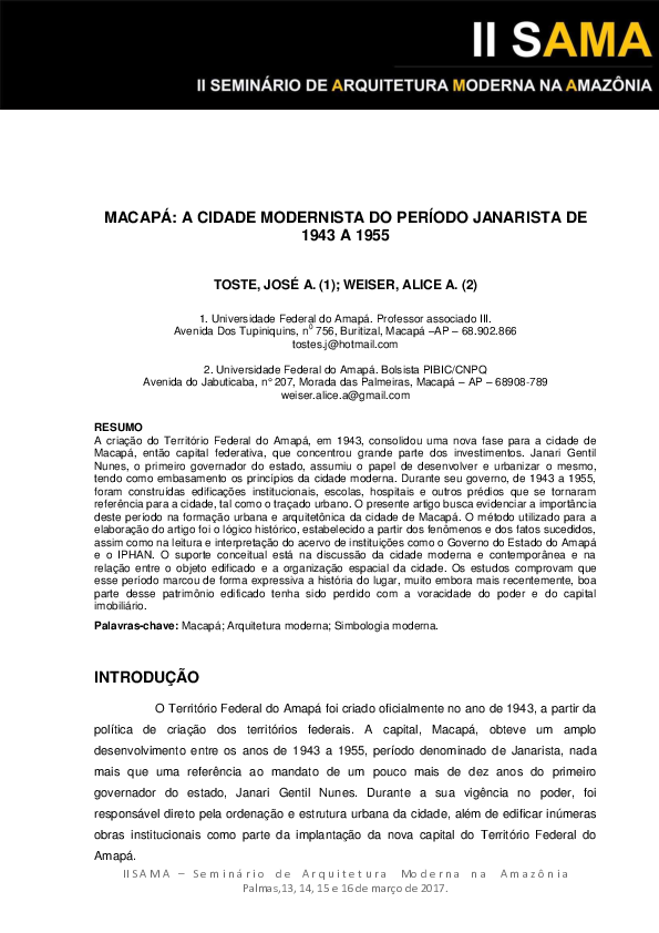 (PDF) MACAPÁ: A CIDADE MODERNISTA DO PERÍODO JANARISTA DE 1943 A 1955