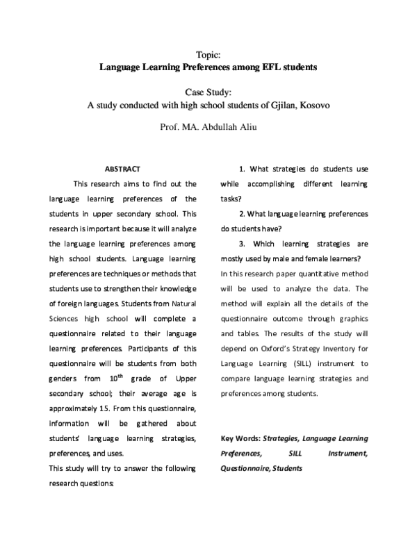 (PDF) Topic: Language Learning Preferences among EFL students