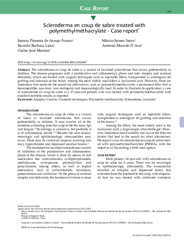 (PDF) CAse report Scleroderma en coup de sabre treated with polymethylmethacrylate -Case report