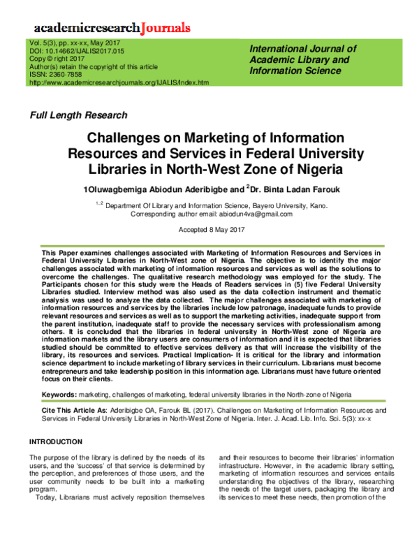 (PDF) Challenges on Marketing of Information Resources and Services in ...
