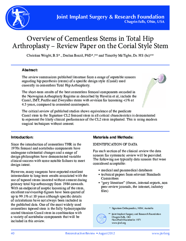 Overview of Cementless Stems in Total Hip Arthroplasty – Review Paper ...