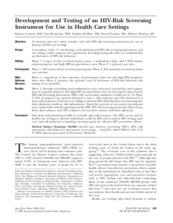 (PDF) Development and testing of an HIV-risk screening instrument for ...