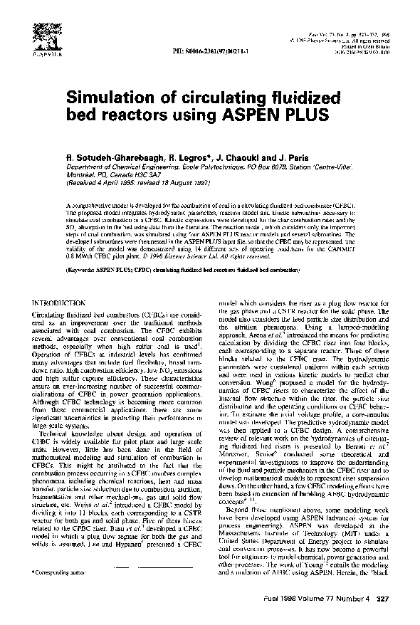 Pdf Simulation Of Circulating Fluidized Bed Reactors Using Aspen Plus