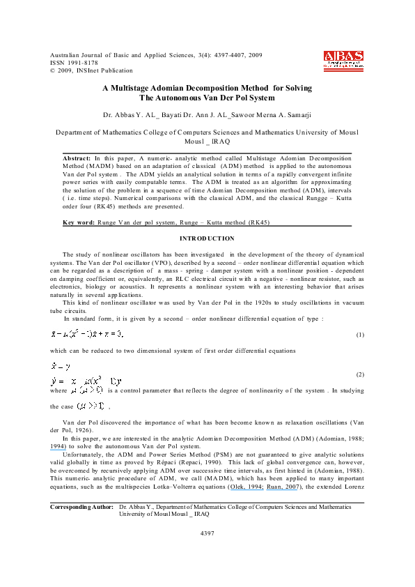Pdf A Multistage Adomian Decomposition Method For Solving The Autonomous Van Der Pol System
