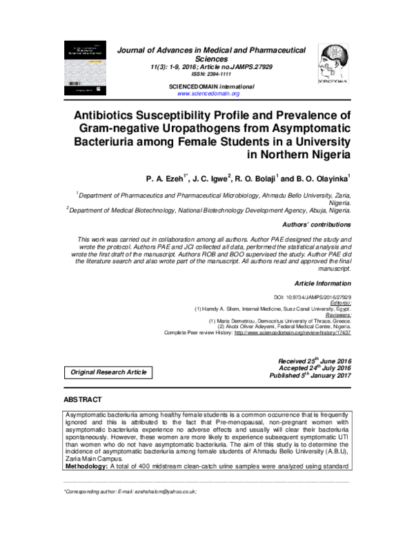 (PDF) Antibiotics Susceptibility Profile and Prevalence of Gram-negative Uropathogens from ...