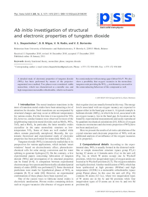 Pdf Ab Initio Investigation Of Structural And Electronic Properties Of Tungsten Dioxide