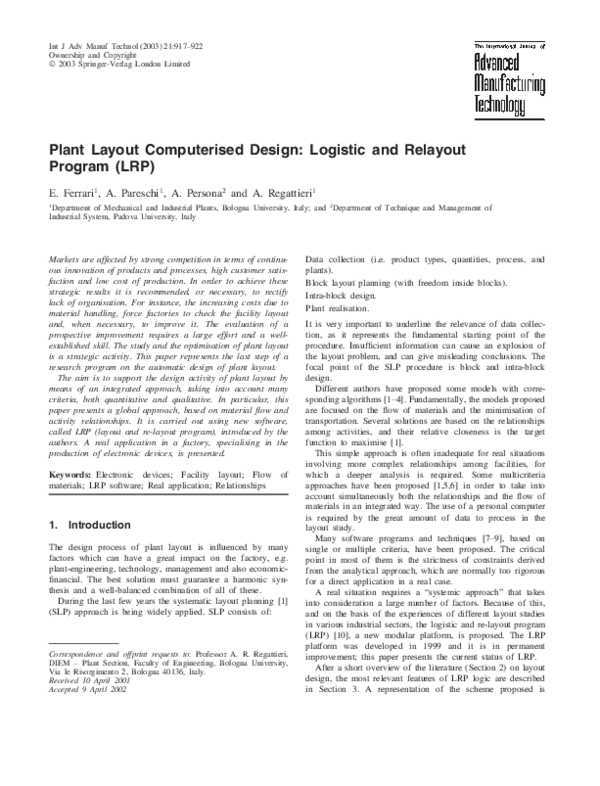 (PDF) Plant Layout Computerised Design: Logistic and Relayout Program (LRP)