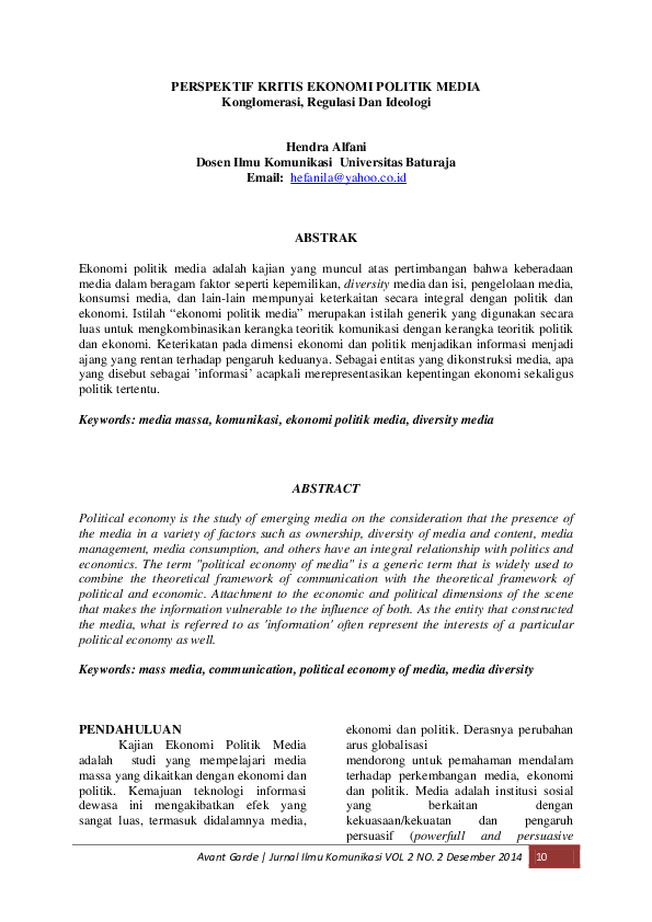 (PDF) PERSPEKTIF KRITIS EKONOMI POLITIK MEDIA Konglomerasi, Regulasi ...