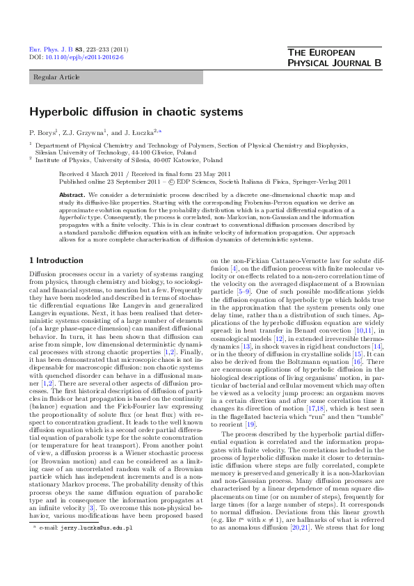 (PDF) Hyperbolic diffusion in chaotic systems