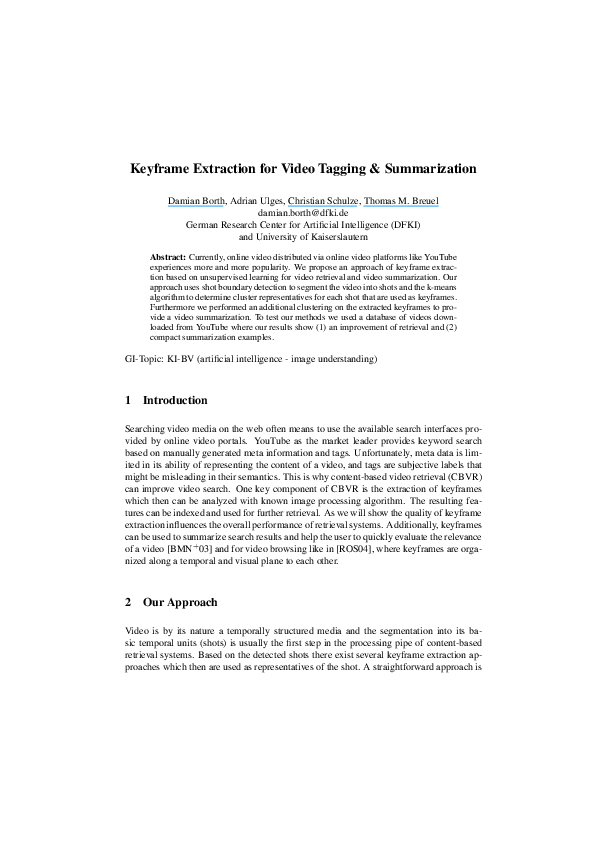 Pdf Keyframe Extraction For Video Tagging And Summarization