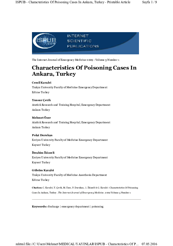 (PDF) Characteristics Of Poisoning Cases In Ankara, Turkey