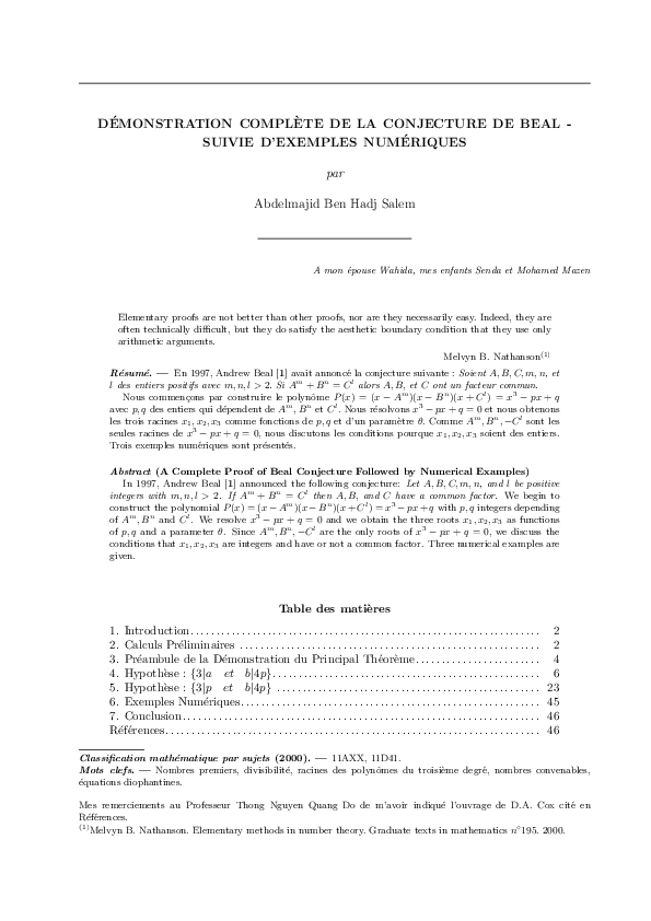 (PDF) DEMONSTRATION COMPLETE DE LA CONJECTURE DE BEAL - SUIVIE D ...