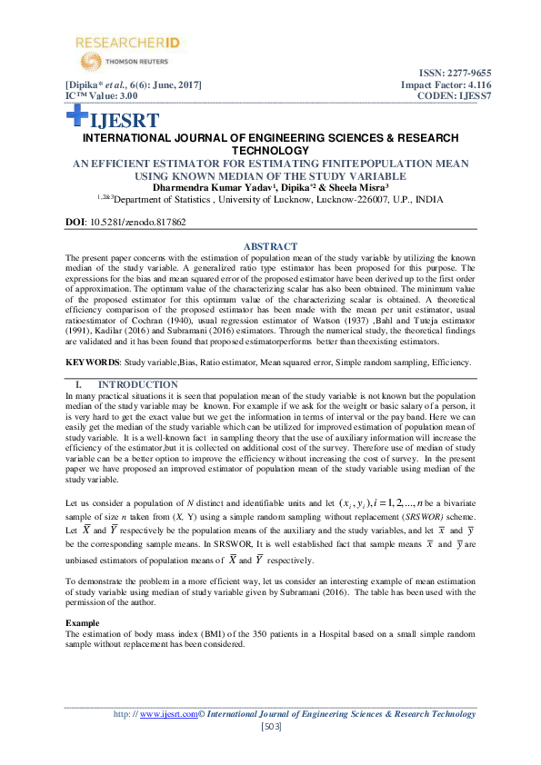 Pdf An Efficient Estimator For Estimating Finitepopulation Mean Using
