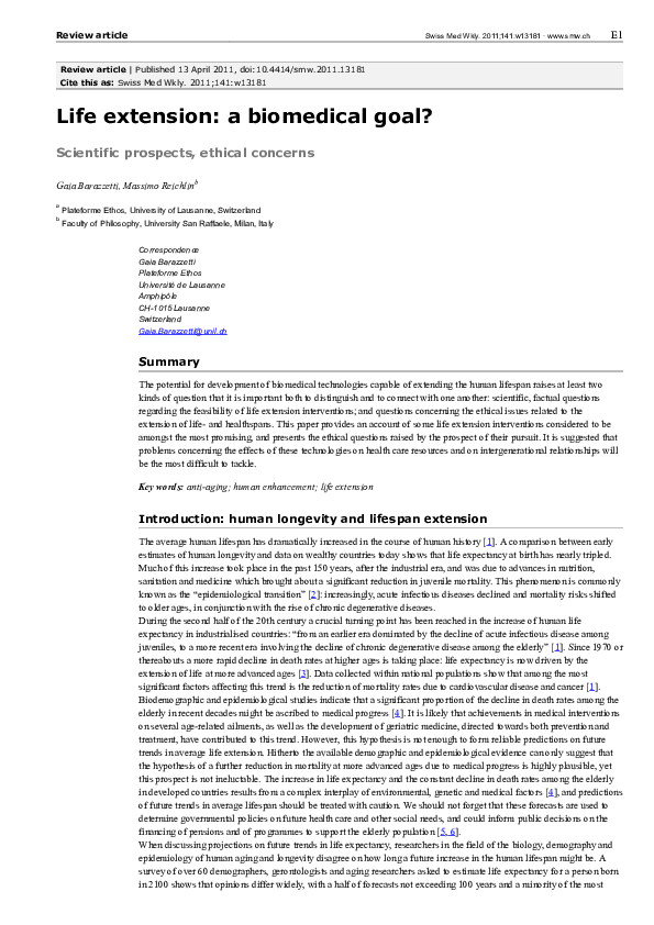(PDF) Life-extension: a biomedical goal? Scientific prospects, ethical ...
