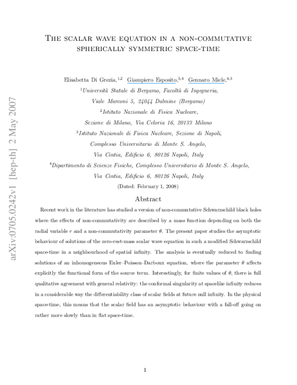(PDF) The Scalar Wave Equation in a Non-Commutative Spherically Symmetric Space-Time