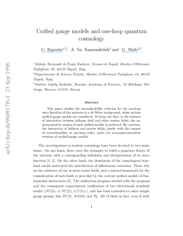 (PDF) Unified gauge models and one-loop quantum cosmology