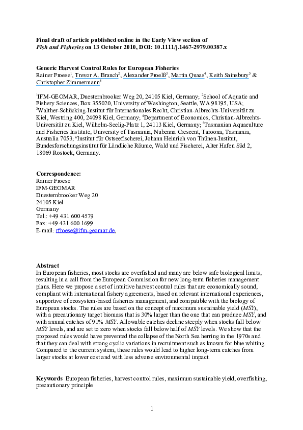 (PDF) Generic harvest control rules for European fisheries