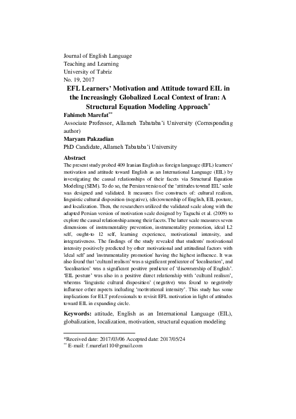 (PDF) EFL Learners' Motivation and Attitude toward EIL in the Increasingly Globalized Local ...